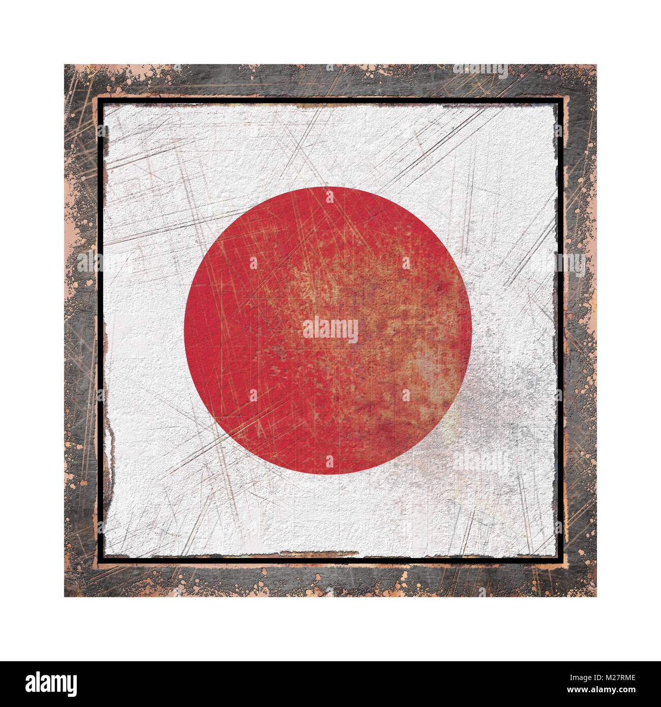 3d rendering of a Japan flag over a rusty metallic plate wit a rusty ...