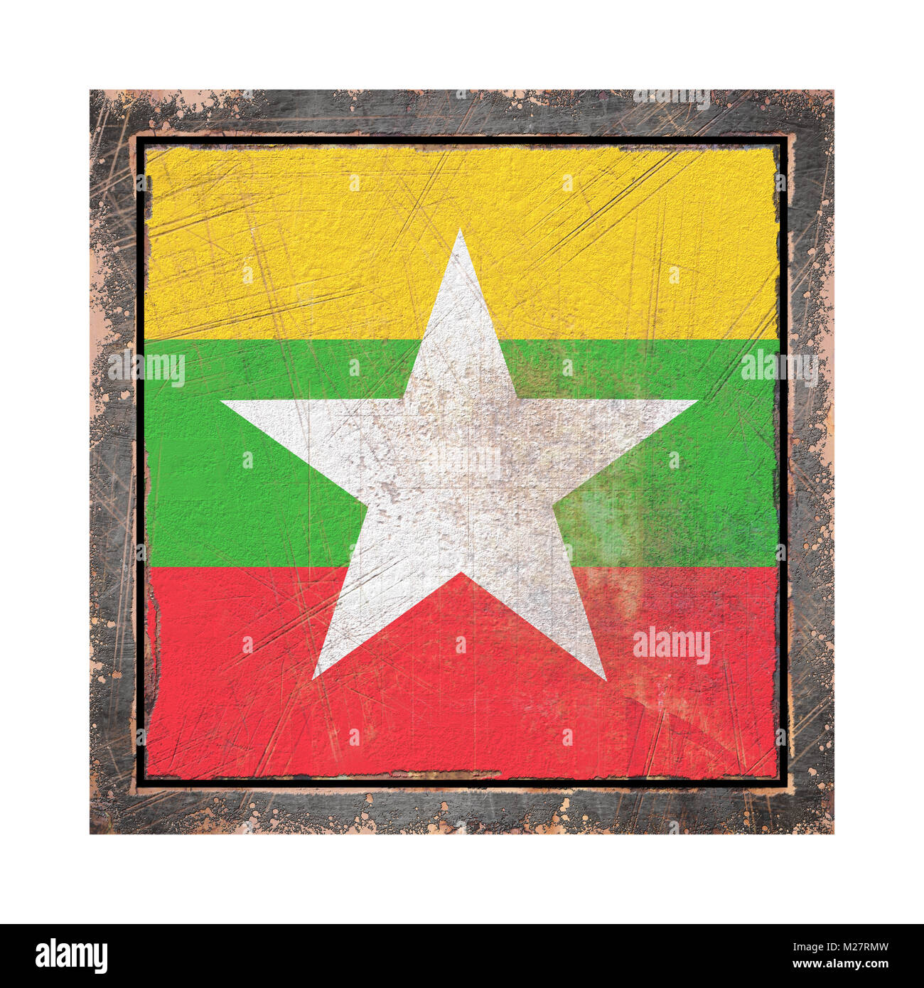 3d rendering of a Myanmar flag over a rusty metallic plate wit a rusty ...