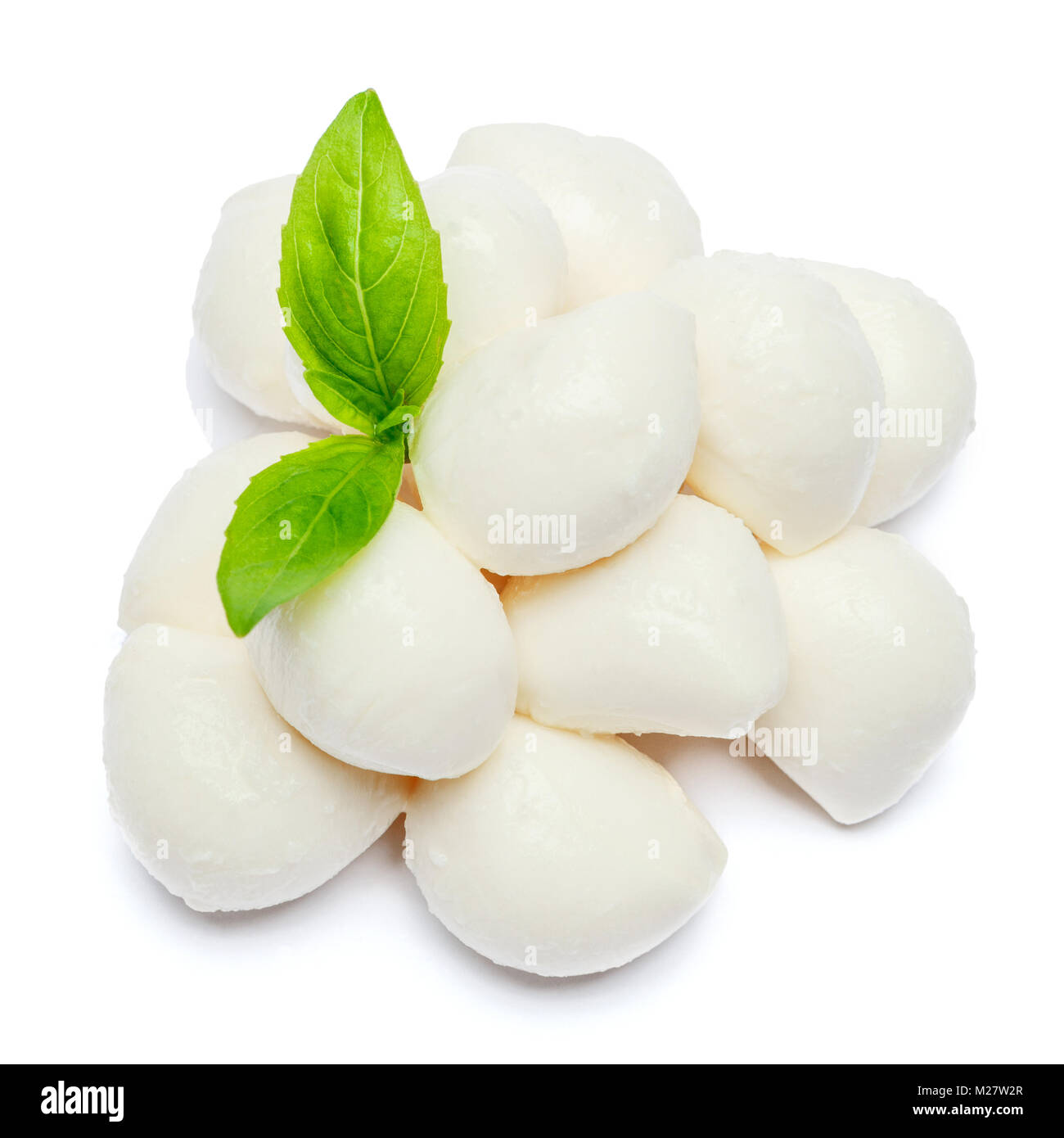 Traditional Italian Mozzarella cheese and basil on white background ...