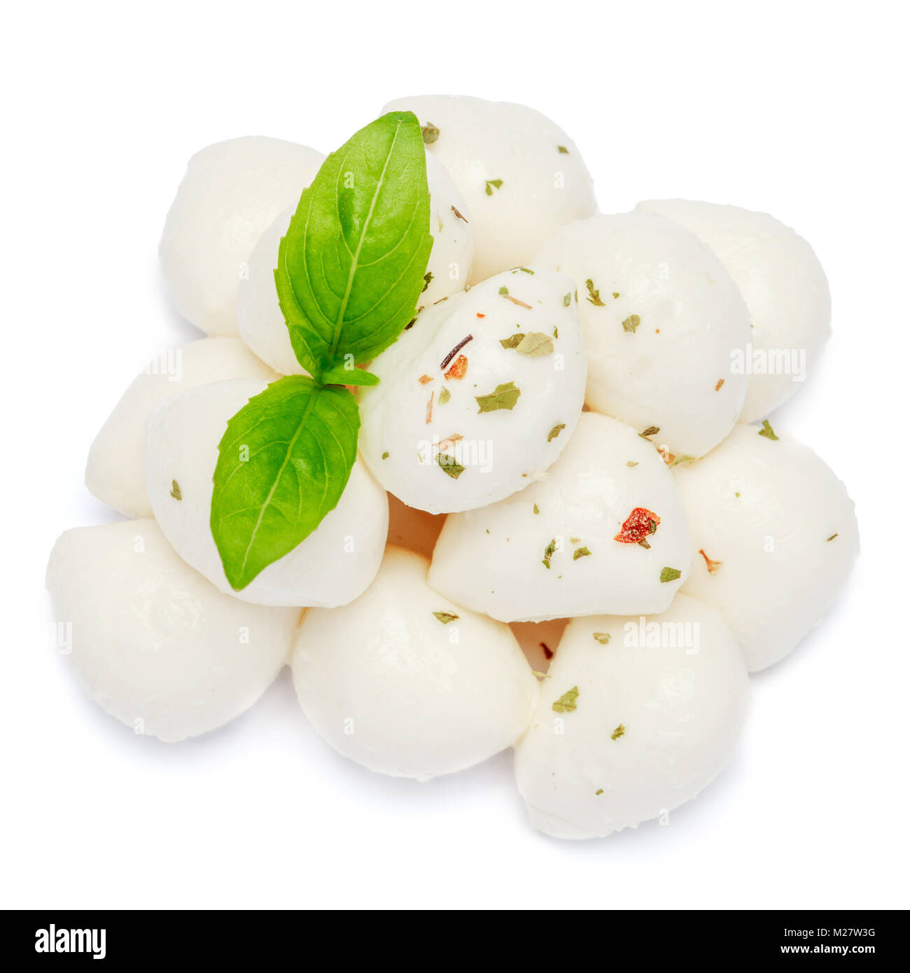 Traditional Italian Mozzarella cheese and basil on white background ...