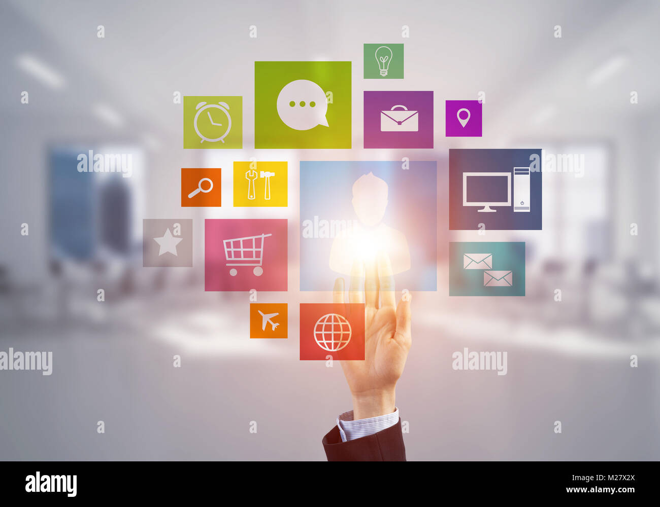 Modern office interior and close of businesswoman hand choosing icon on ...