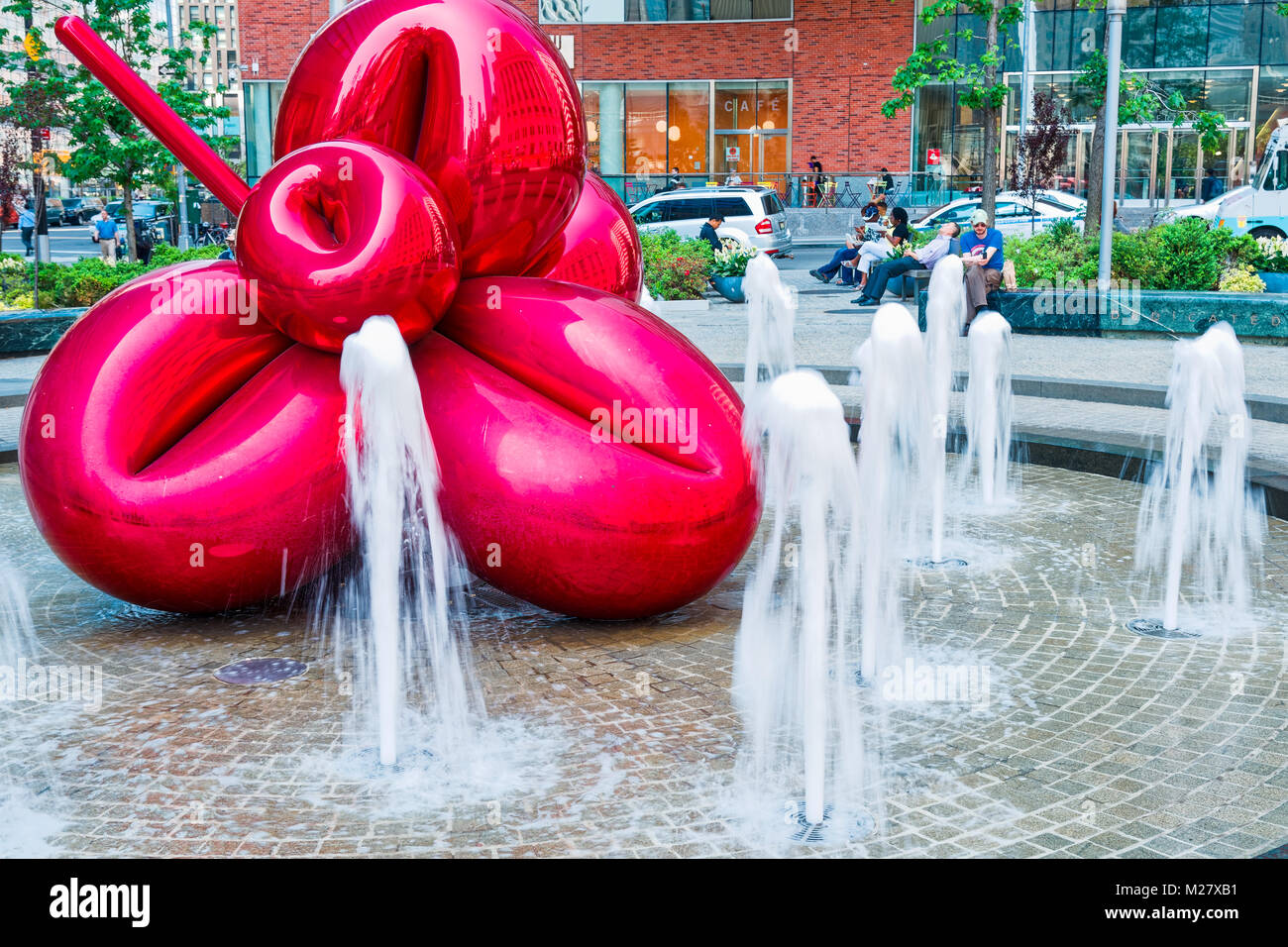 New York, USA - June 08, 2015: Red Balloon Flower by Jeff Koons at 7 ...
