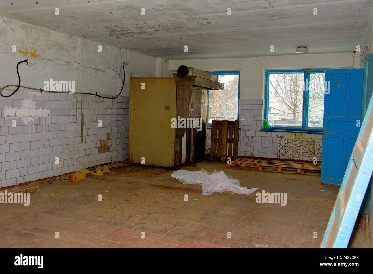 Internal terrible premises of the destroyed and abandoned building of ...