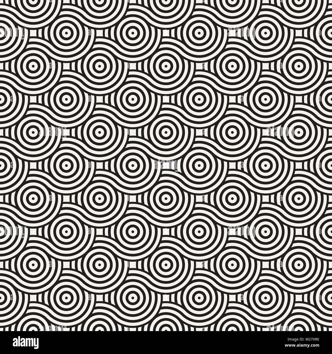 Vector seamless rounded lines texture. Modern geometric circular shape background. Monochrome ...