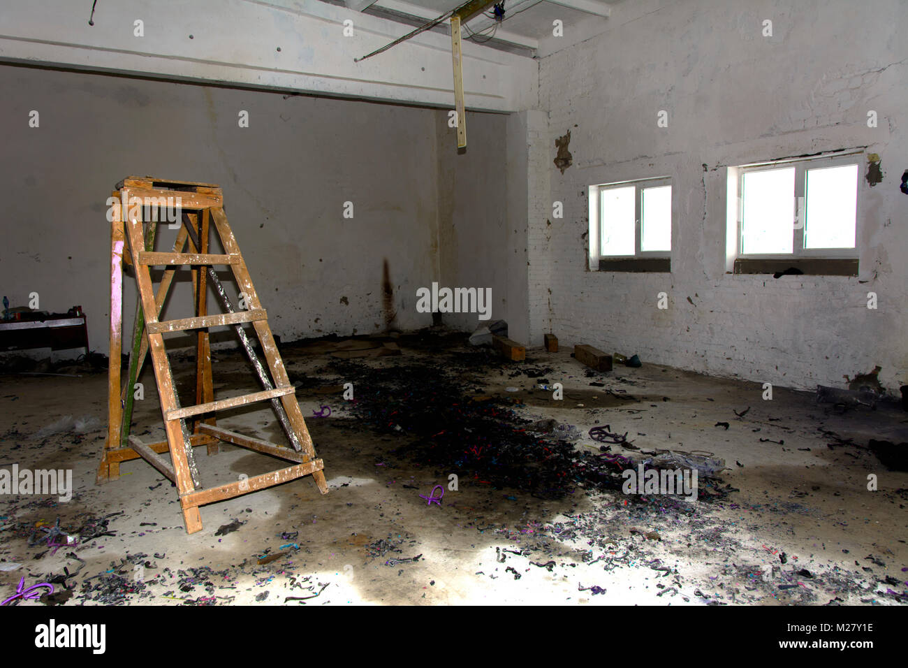 Internal terrible premises of the destroyed and abandoned building of ...