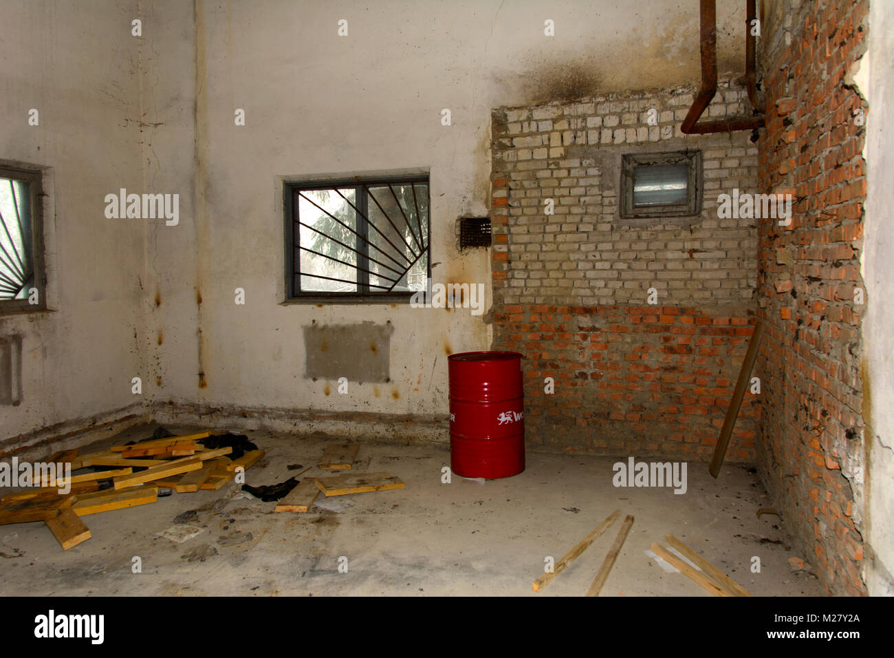 Internal terrible premises of the destroyed and abandoned building of ...