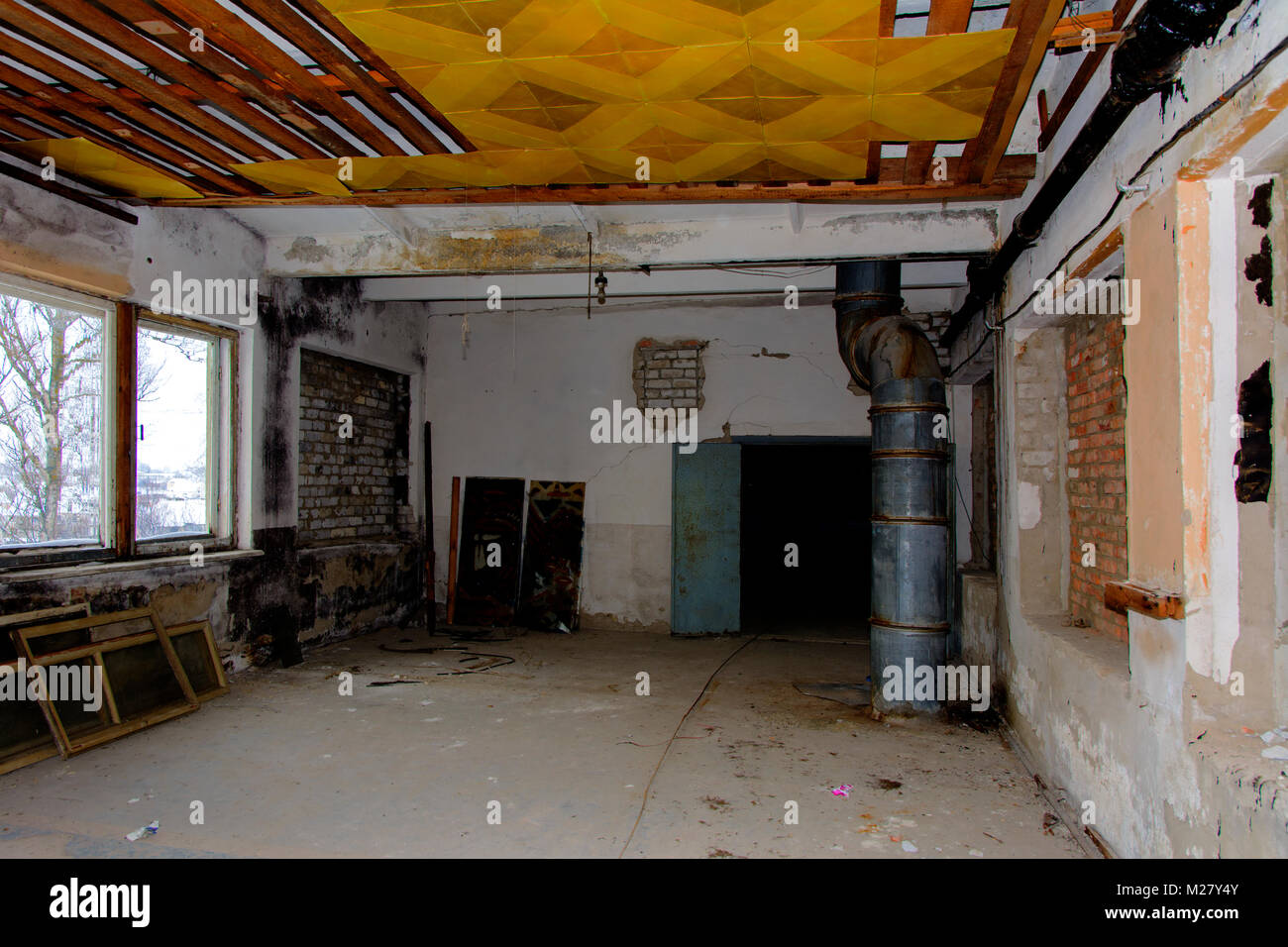 Internal terrible premises of the destroyed and abandoned building of ...