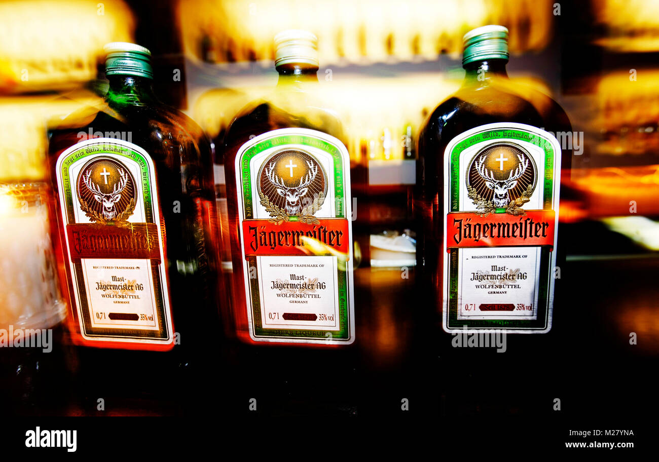 Bottles of the alcoholic German drink Jägermeister. Denmark 2008 Stock ...
