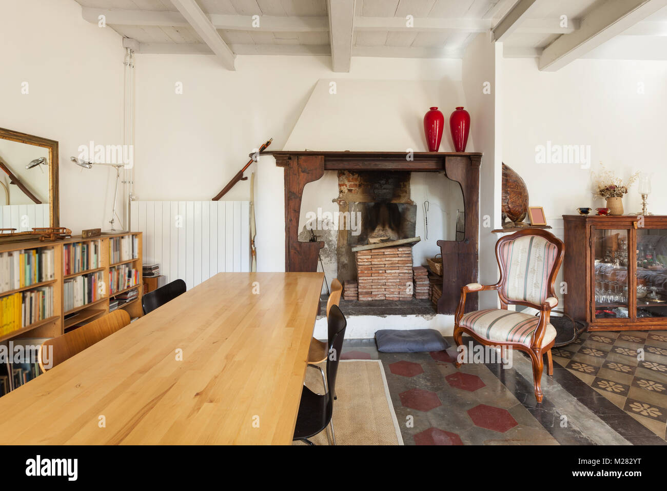 comfortable living room, fireplace, interior of a nice loft Stock Photo ...