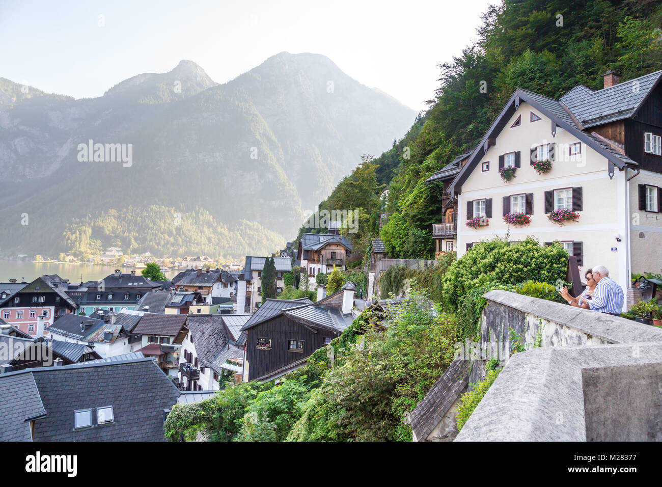 Landscape Hallstatt village view from Beinhaus Ossuary garden, known as ...