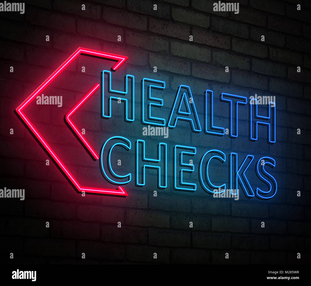 3d Illustration depicting an illuminated neon sign with a health checks ...