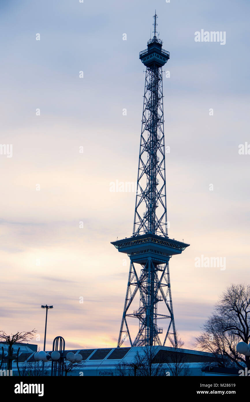Berlin Funkturm Radio Tower. Former broadcasting tower with steel framework has restaurant and ...