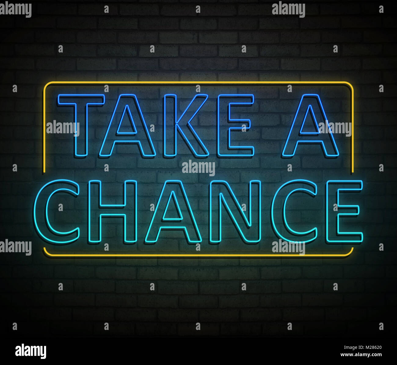 3d Illustration depicting an illuminated neon sign with a take a chance ...