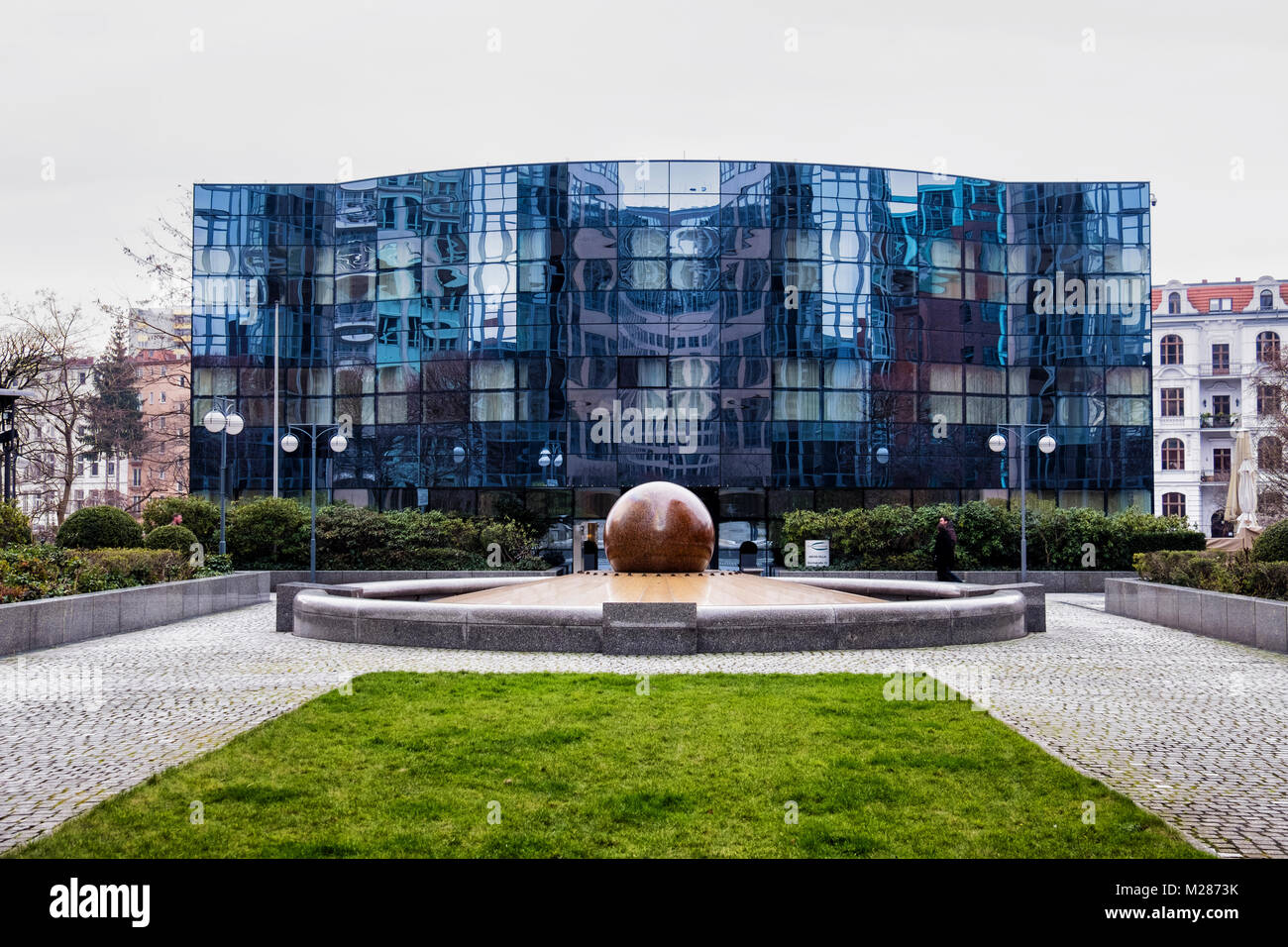 Berlin,Moabit,Spreebogen. Modern glass building with ball-shaped sphere ...