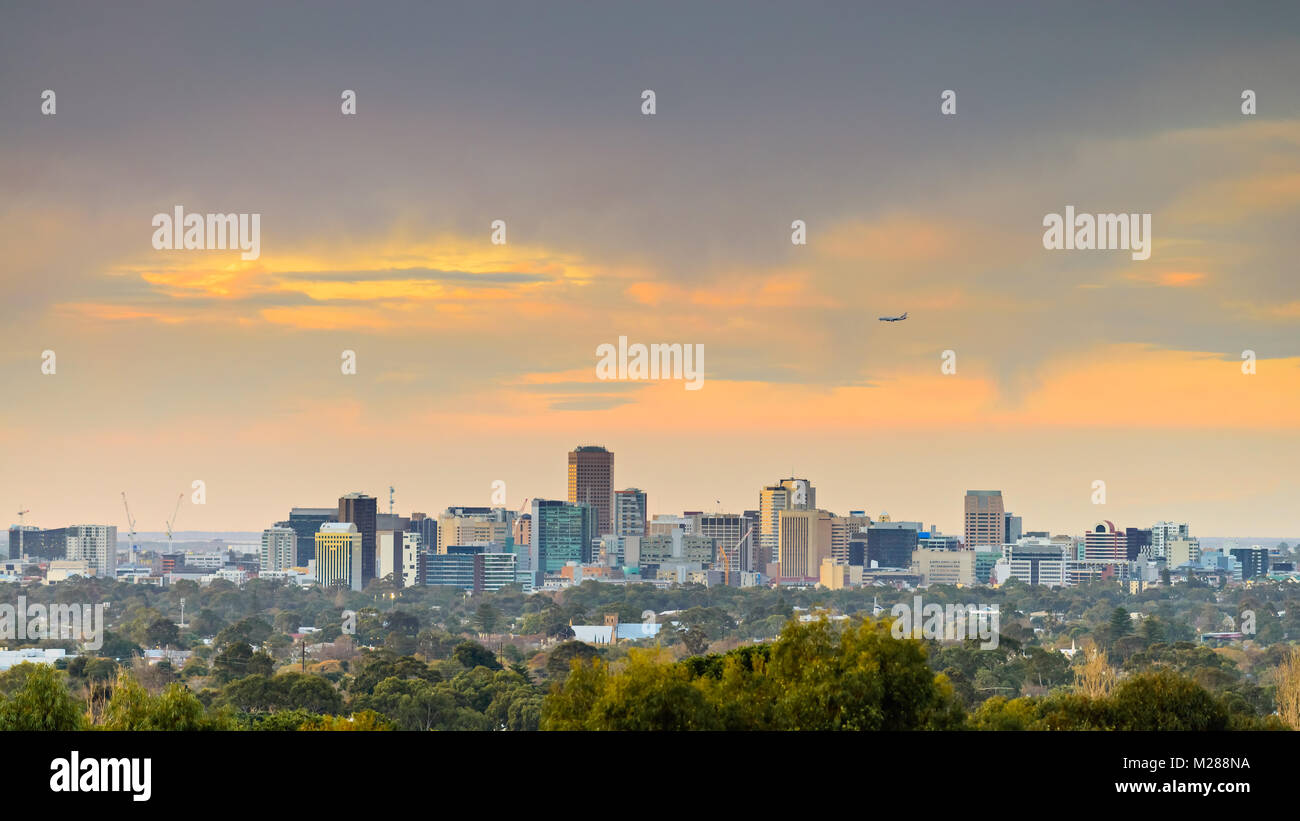Adelaide city skyline at sunset viewed from hills Stock Photo - Alamy
