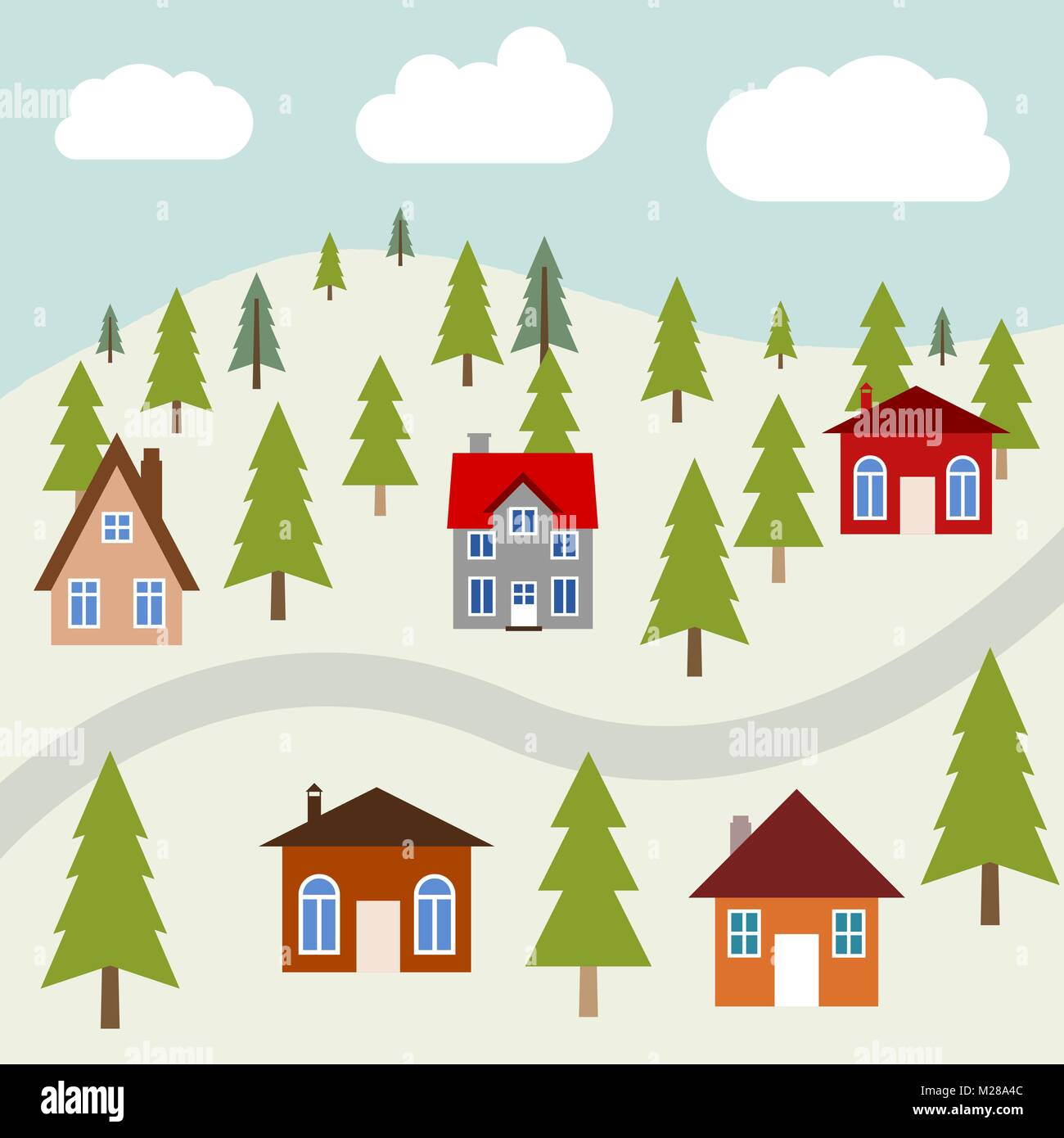 Mountain town vector illustration - colorful homes and forest trees ...
