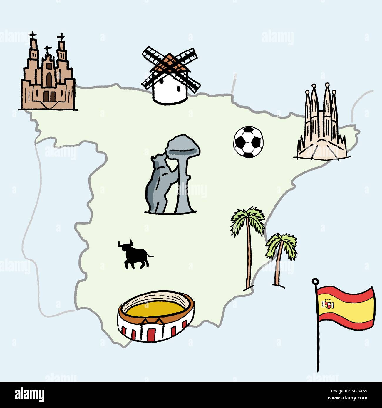 Spain landmarks map - cute doodle vector illustration with Madrid ...