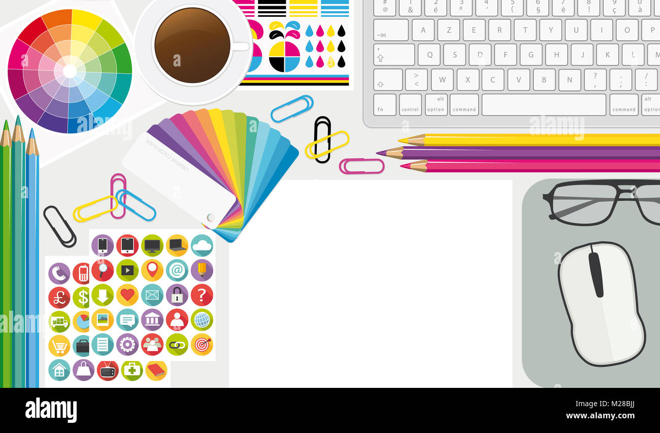 Creative workplace. Top view artist desktop. Vector illustration II ...