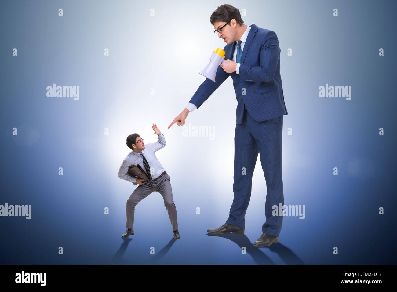 Bad angry boss shouting at employee with loudspeaker Stock Photo - Alamy