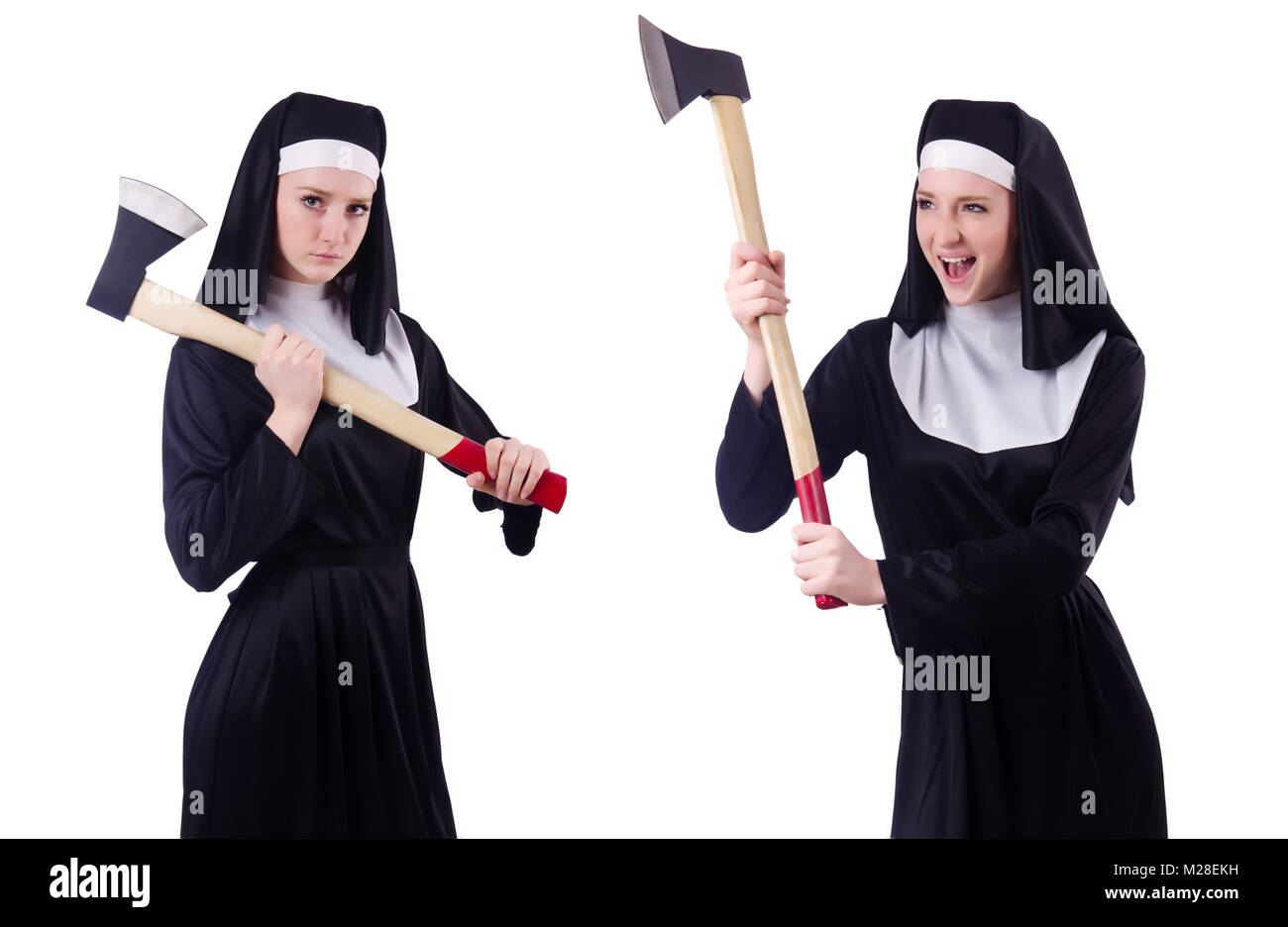 Nun with axe isolated on white Stock Photo - Alamy