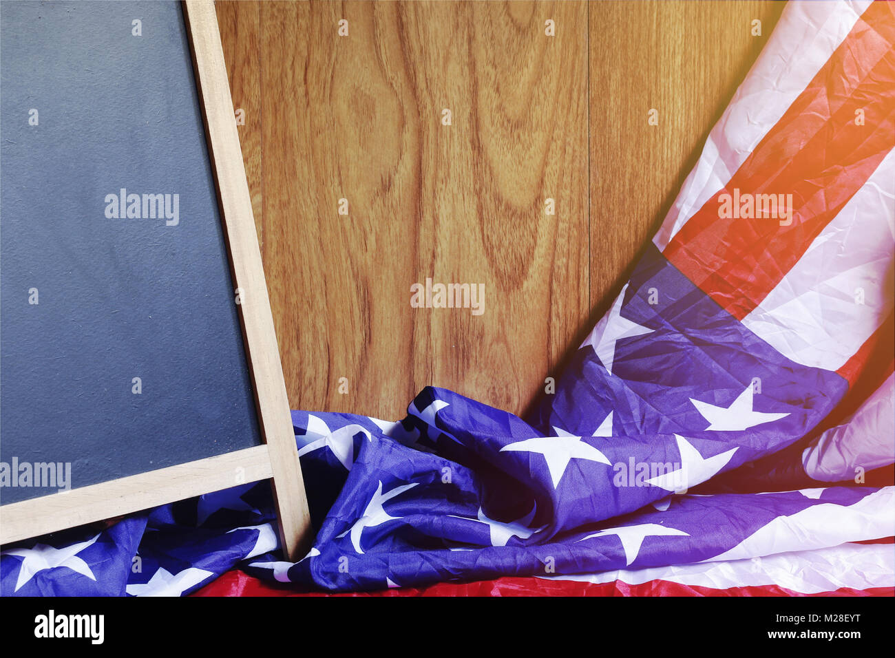 Chalkboard and USA Flag on Brown Wooden Wall America Flag Background ...