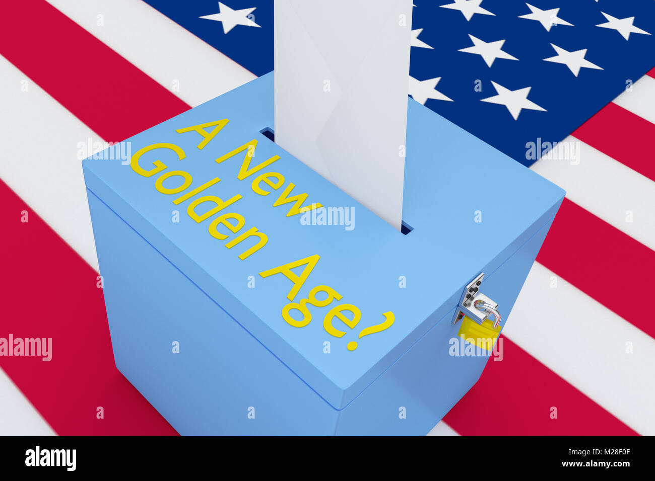 3D illustration of A New Golden Age? script on a ballot box, with US ...