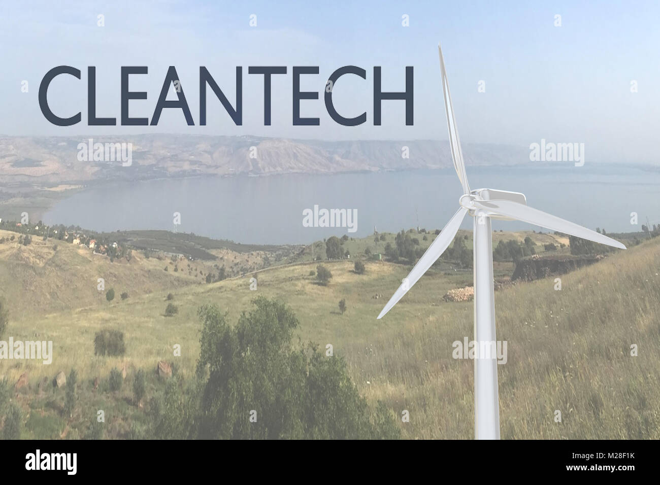 3D illustration of CLEANTECH title on clear sky as a background, along ...