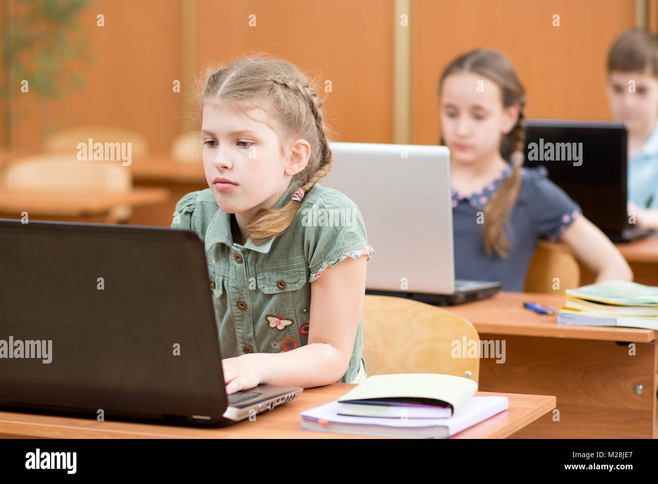 Group of elementary school kids working in computer class Stock Photo ...