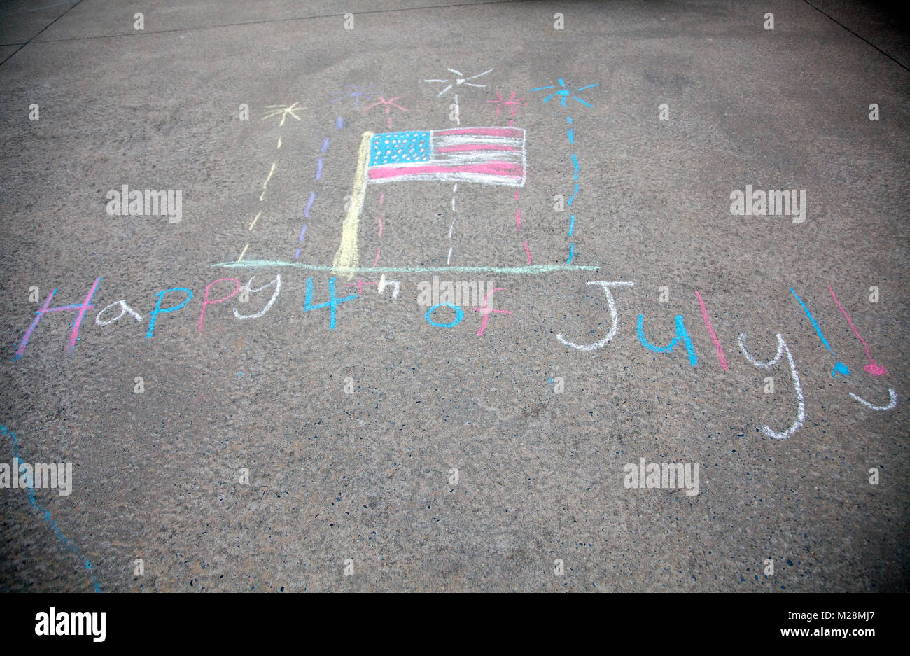 Fourth of July Childs Chalk Drawing on DRiveway in NJ, USA Stock Photo ...