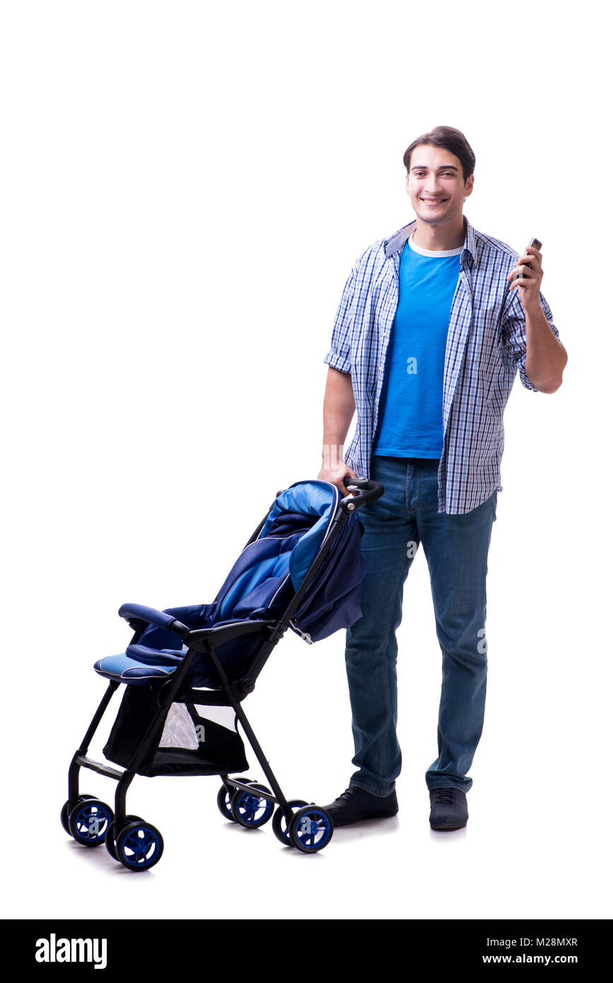 Young dad with baby pram isolated on white Stock Photo - Alamy