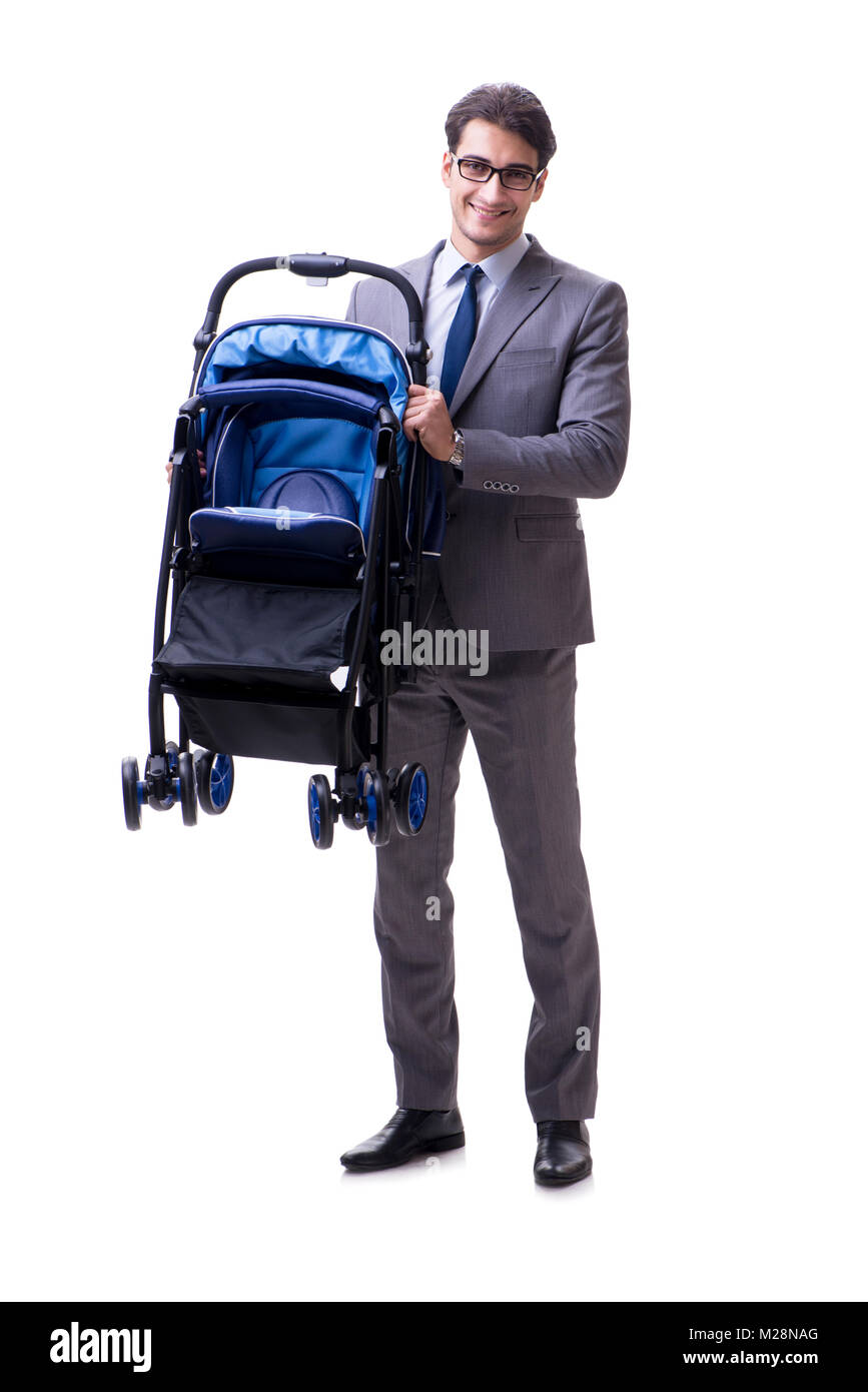 Young dad businessman with baby pram isolated on white Stock Photo - Alamy