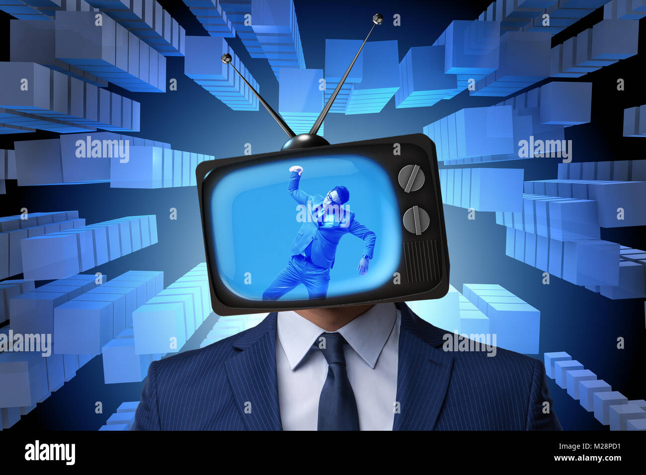 Man with television head in tv addiction concept Stock Photo - Alamy