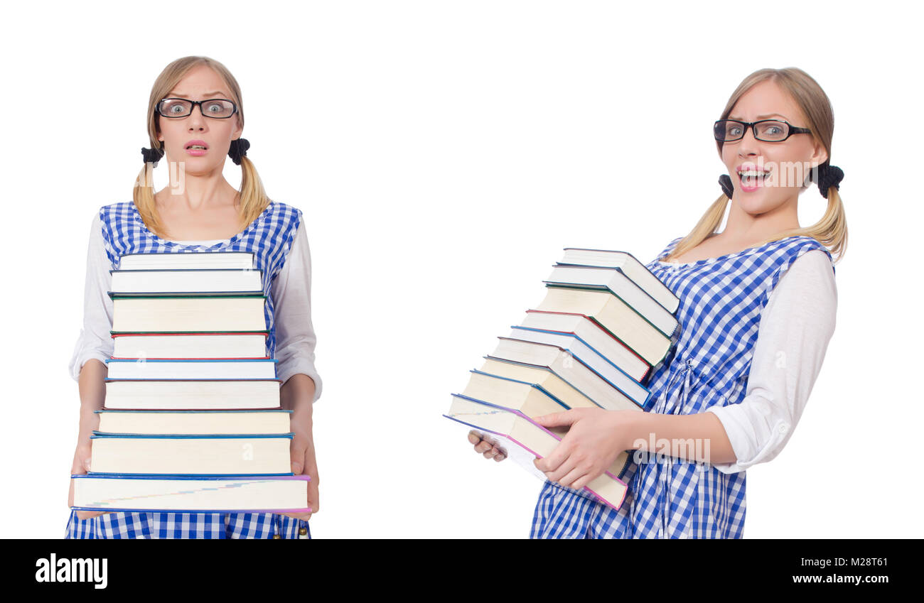 Funny student with stack of books Stock Photo - Alamy