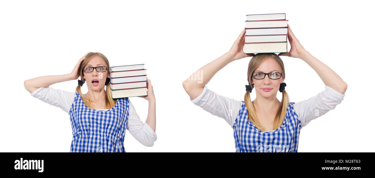 Funny student with stack of books Stock Photo - Alamy