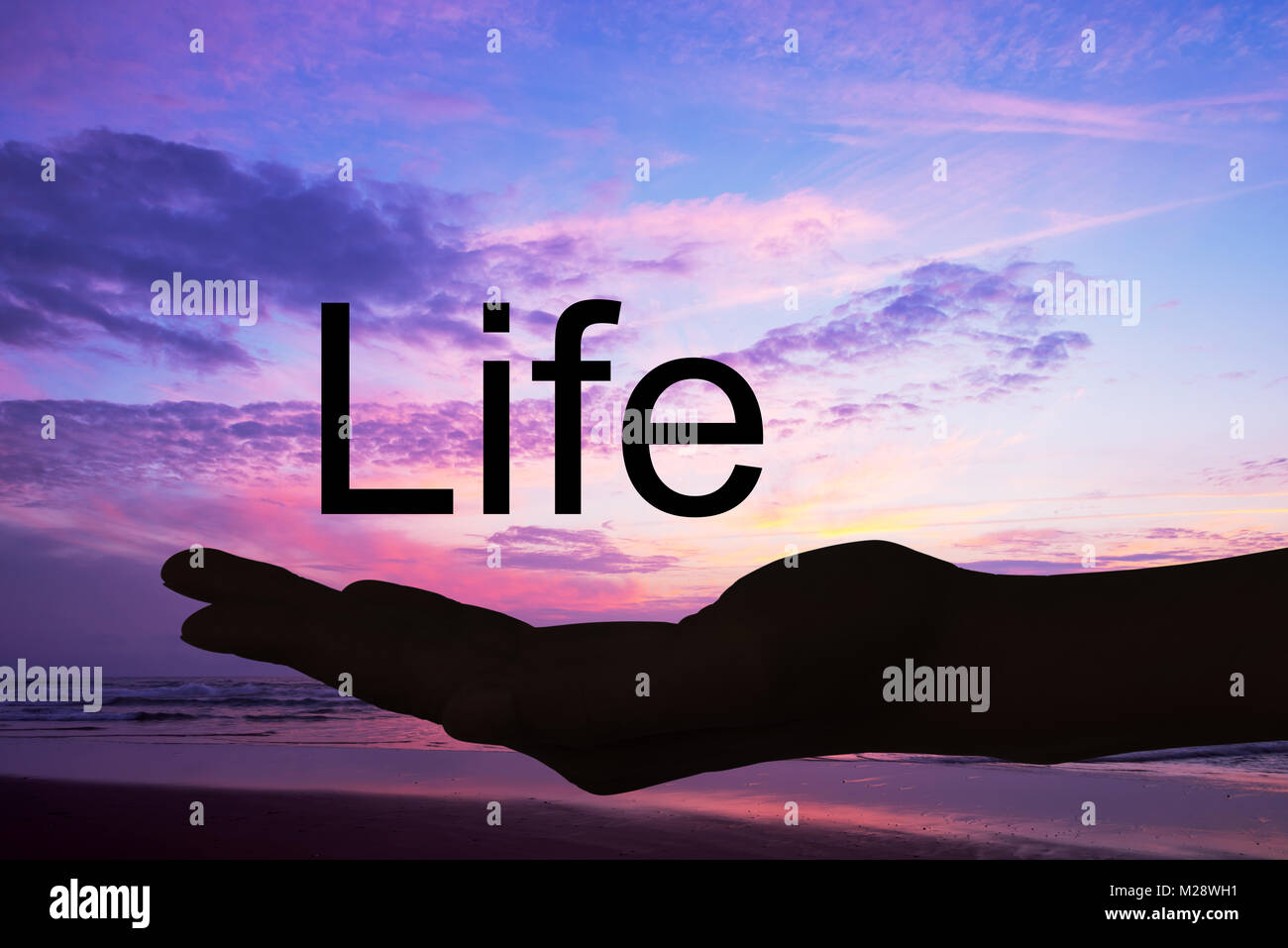 Hand offering the word life, sunset background Stock Photo - Alamy
