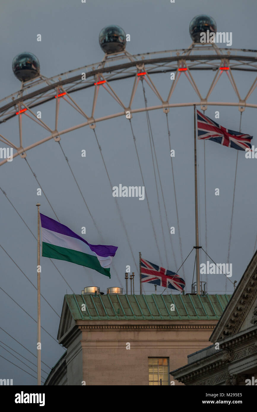 London Uk 6th Feb 2018 The Suffrage Flag Flies Over Whitehall At The Back Of Downing Street