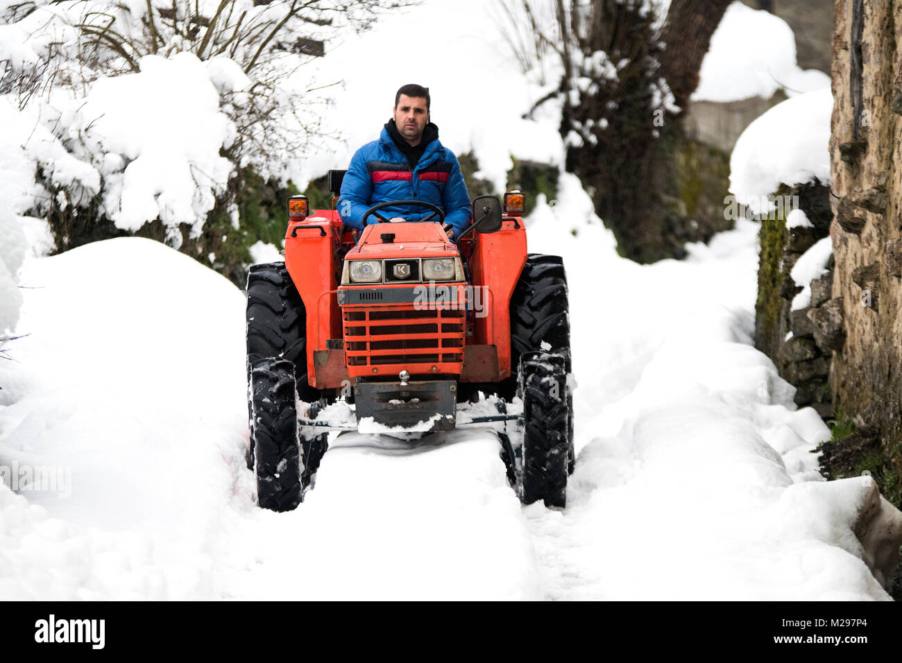 Collanzo, Asturias, Spain. 5th February, 2018. A men drives a tractor ...