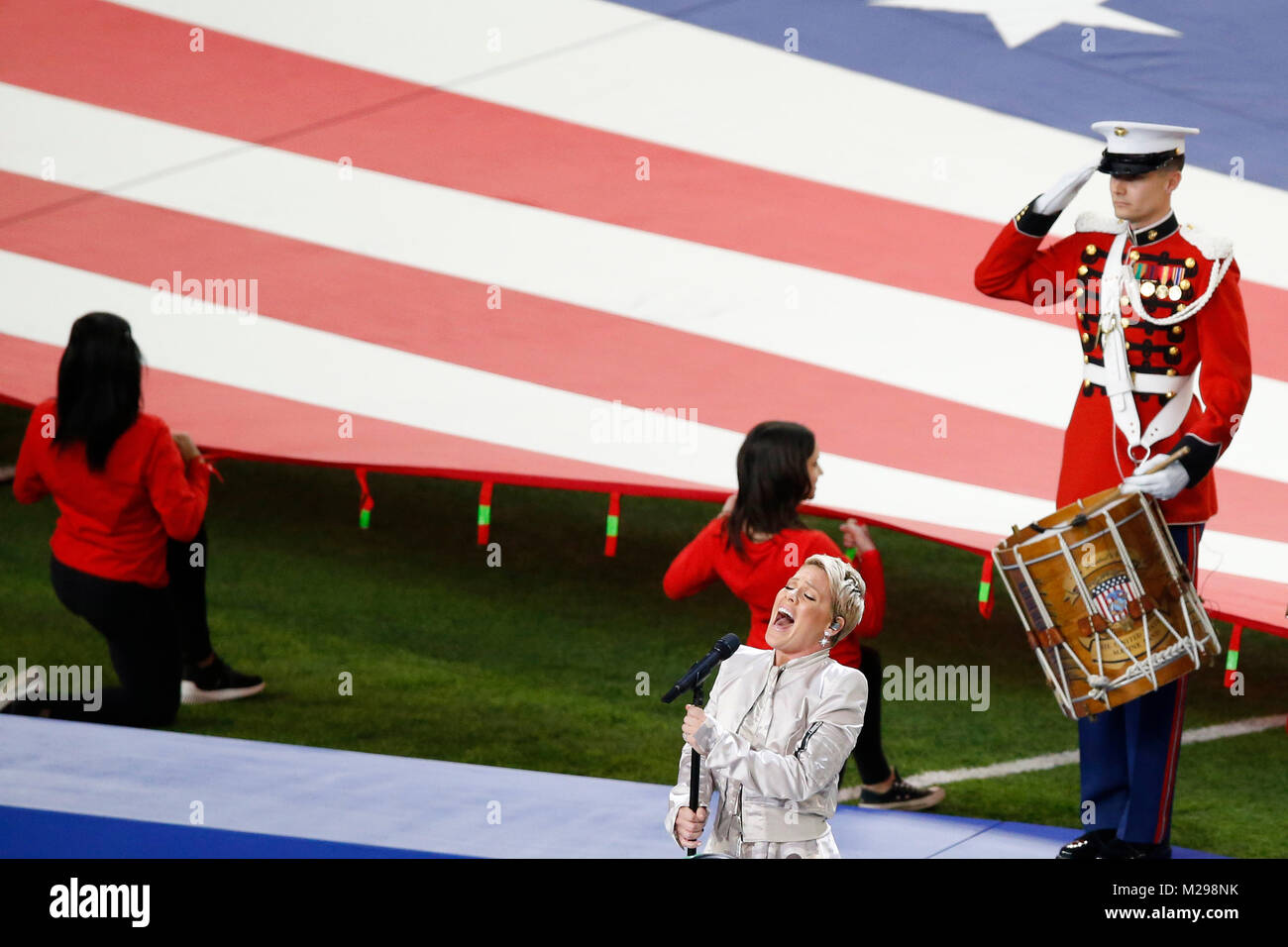 February 04, 2018 Pink singing the national anthem during Super Bowl ...