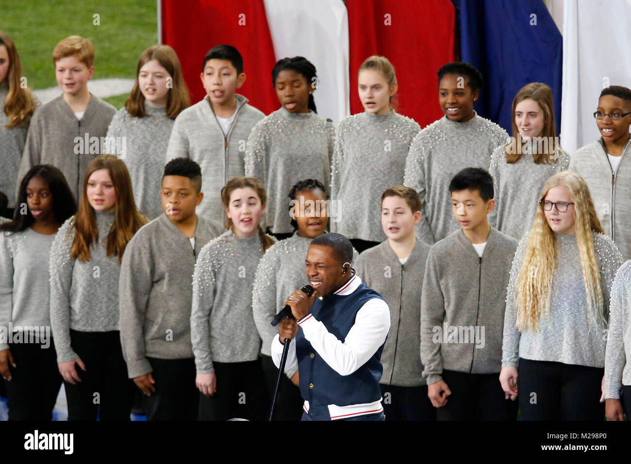 February 04, 2018 Singer Leslie Odom performing America the Beautiful ...