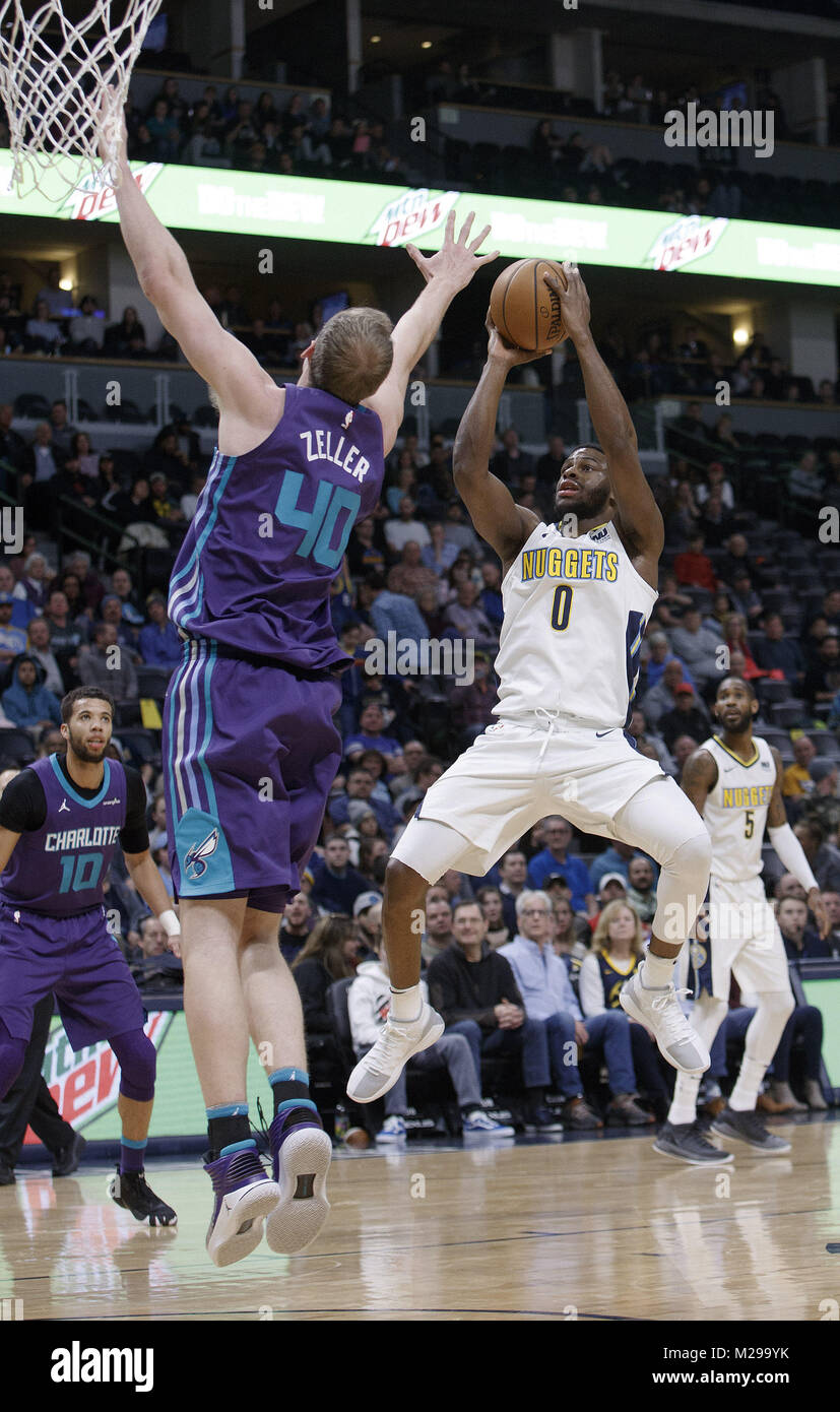 Denver, Colorado, USA. 5th Feb, 2018. Nuggets EMMANUEL MUDIAY, right ...