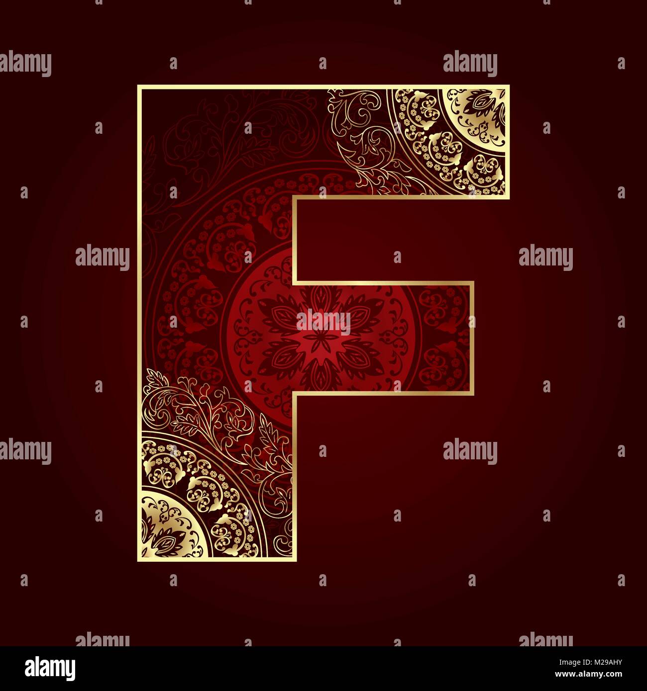 Vintage alphabet with floral swirls, letter F. Vector illustration ...