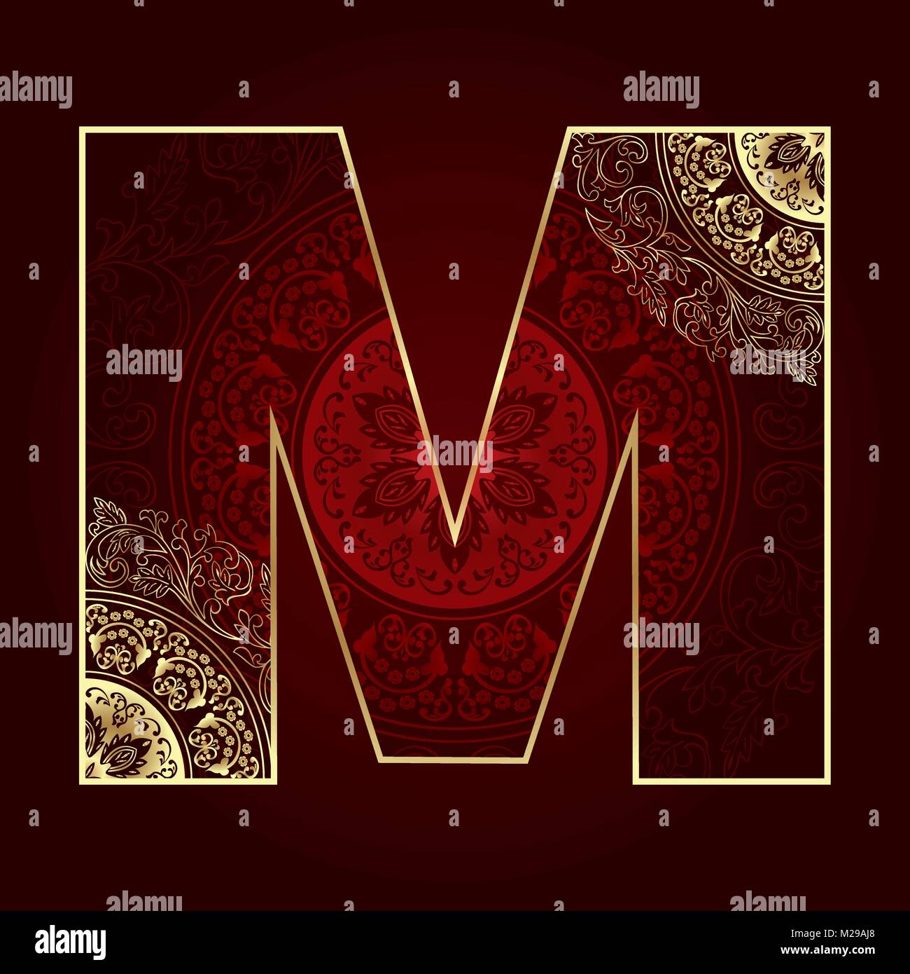 Vintage alphabet with floral swirls, letter M. Vector illustration ...