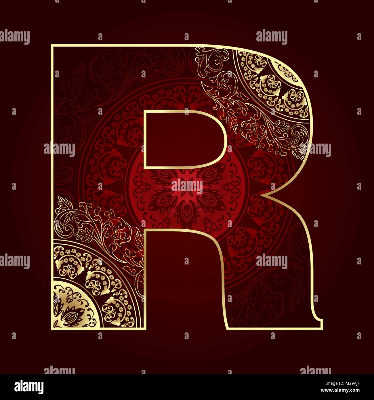 Vintage alphabet with floral swirls, letter R. Vector illustration ...