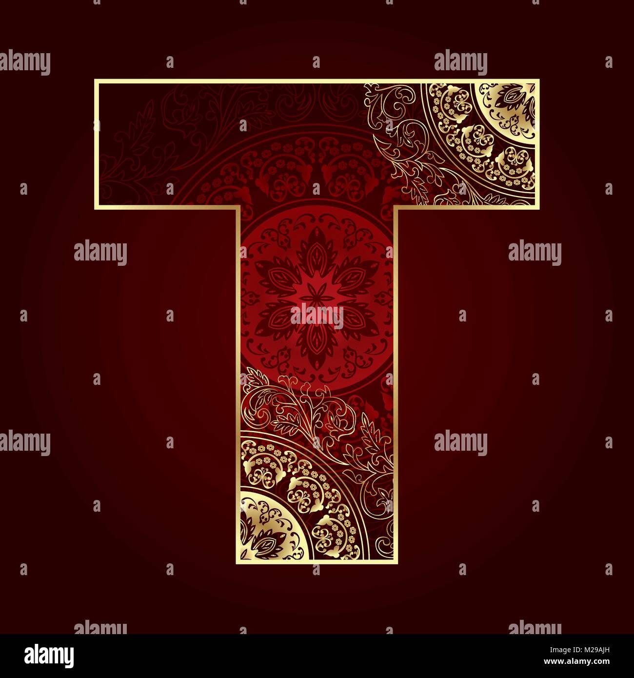 Vintage alphabet with floral swirls, letter T. Vector illustration ...