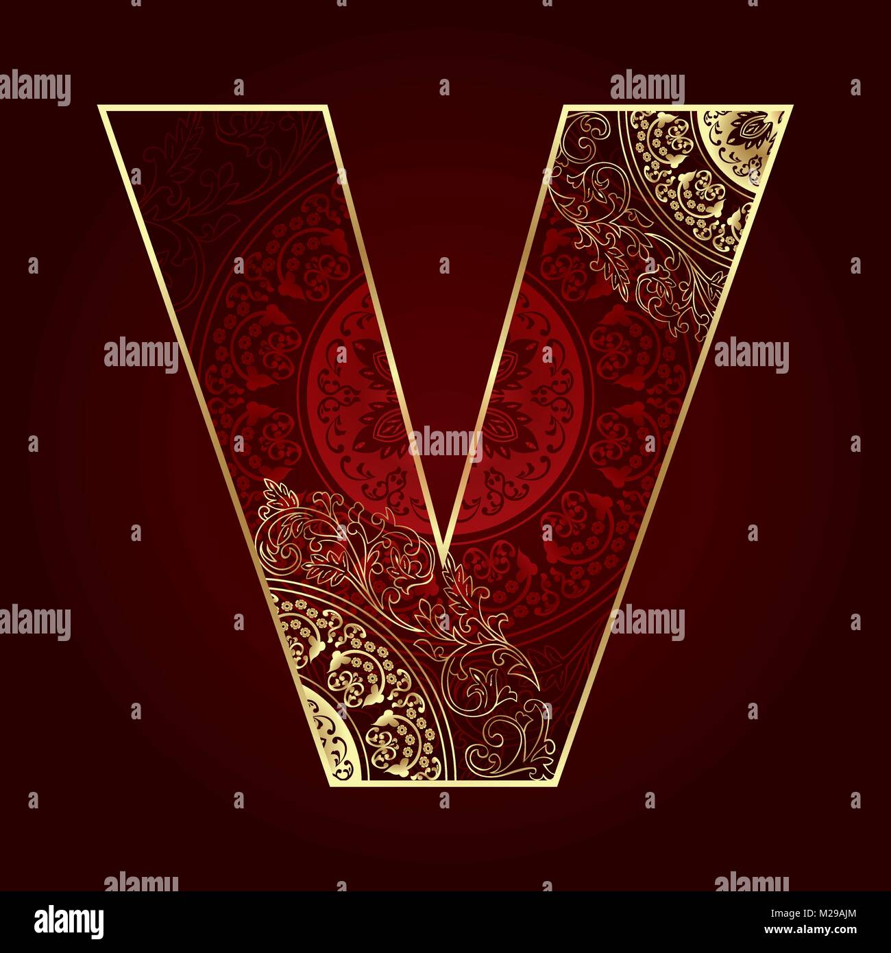 Vintage alphabet with floral swirls, letter V. Vector illustration ...