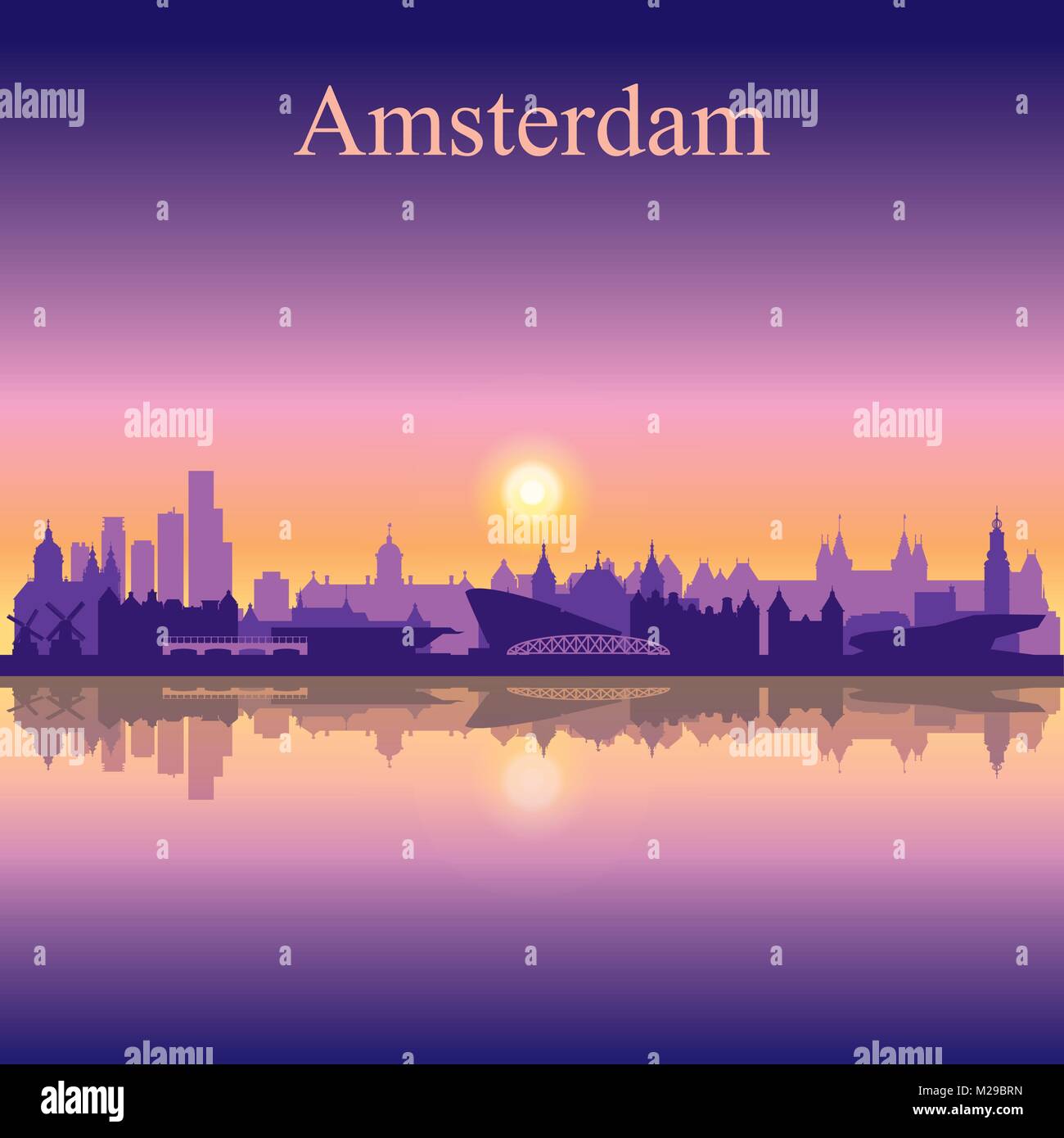 Amsterdam city silhouette on sunset background vector illustration ...
