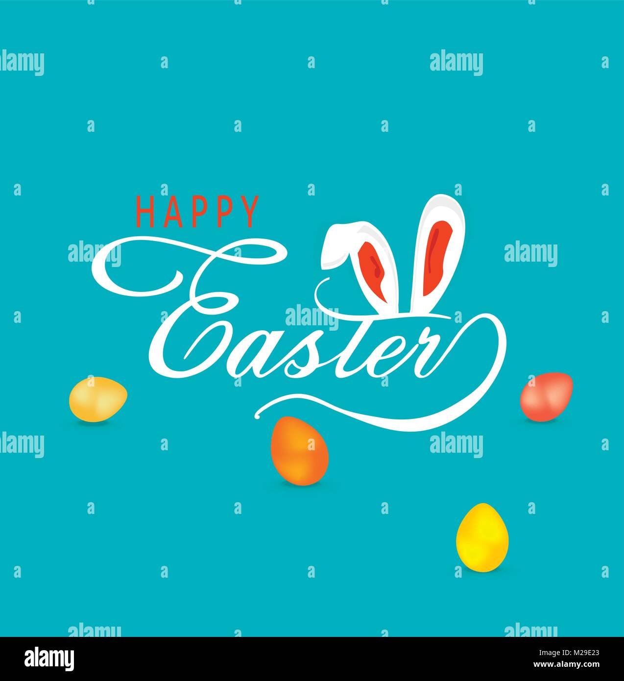 Hand sketched Happy Easter text with bunny ears and colored eggs ...