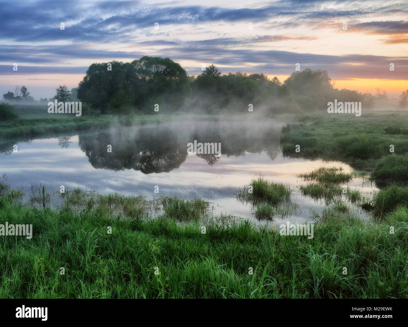 spring morning. a picturesque foggy dawn by the river. Sun rays Stock ...
