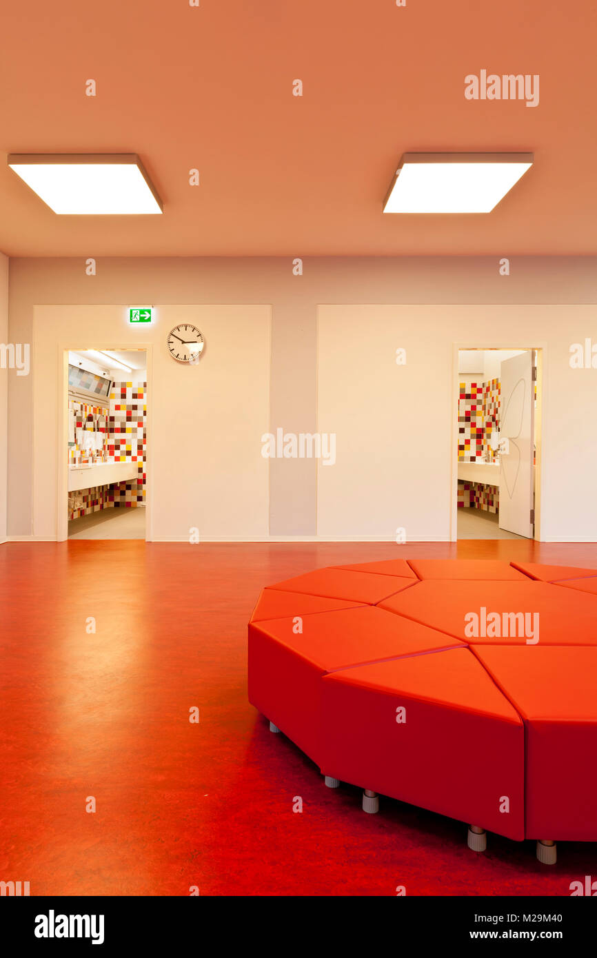 modern public school, hall, red floor Stock Photo - Alamy