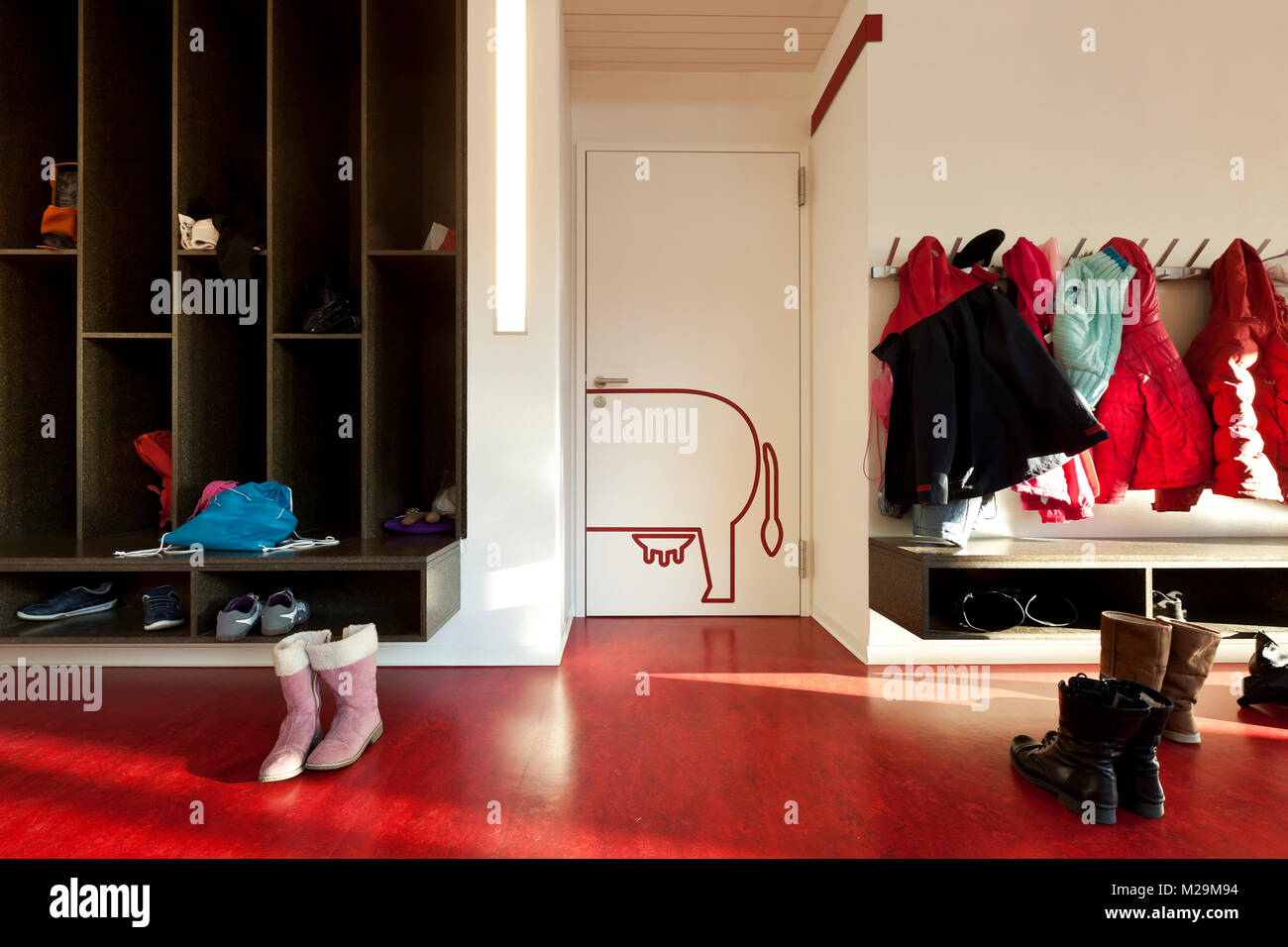 modern public school, corridor red floor Stock Photo - Alamy